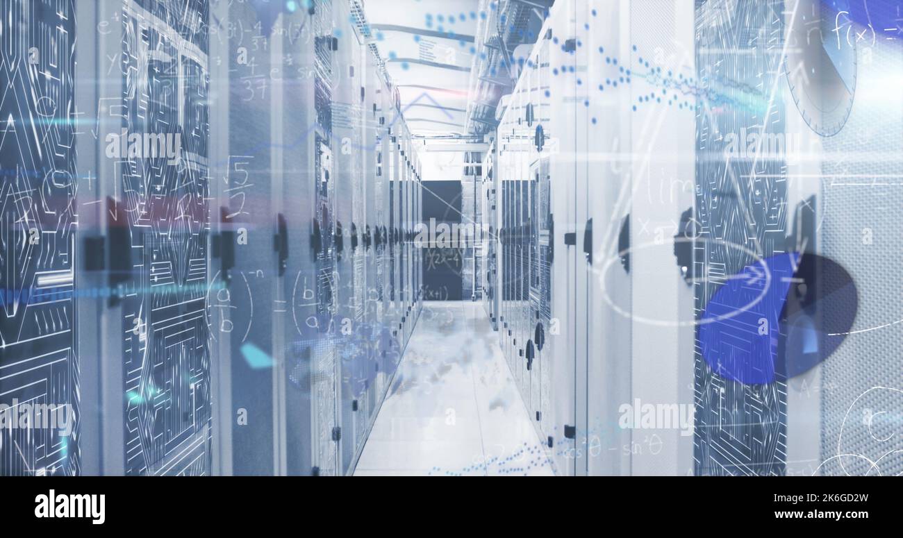 Image of mathematical equations and data processing against computer ...