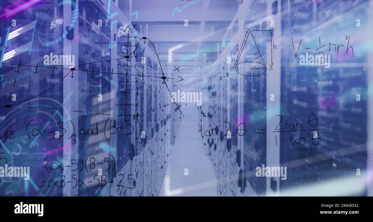 Image of mathematical equations and data processing against computer server room Stock Photo - Alamy