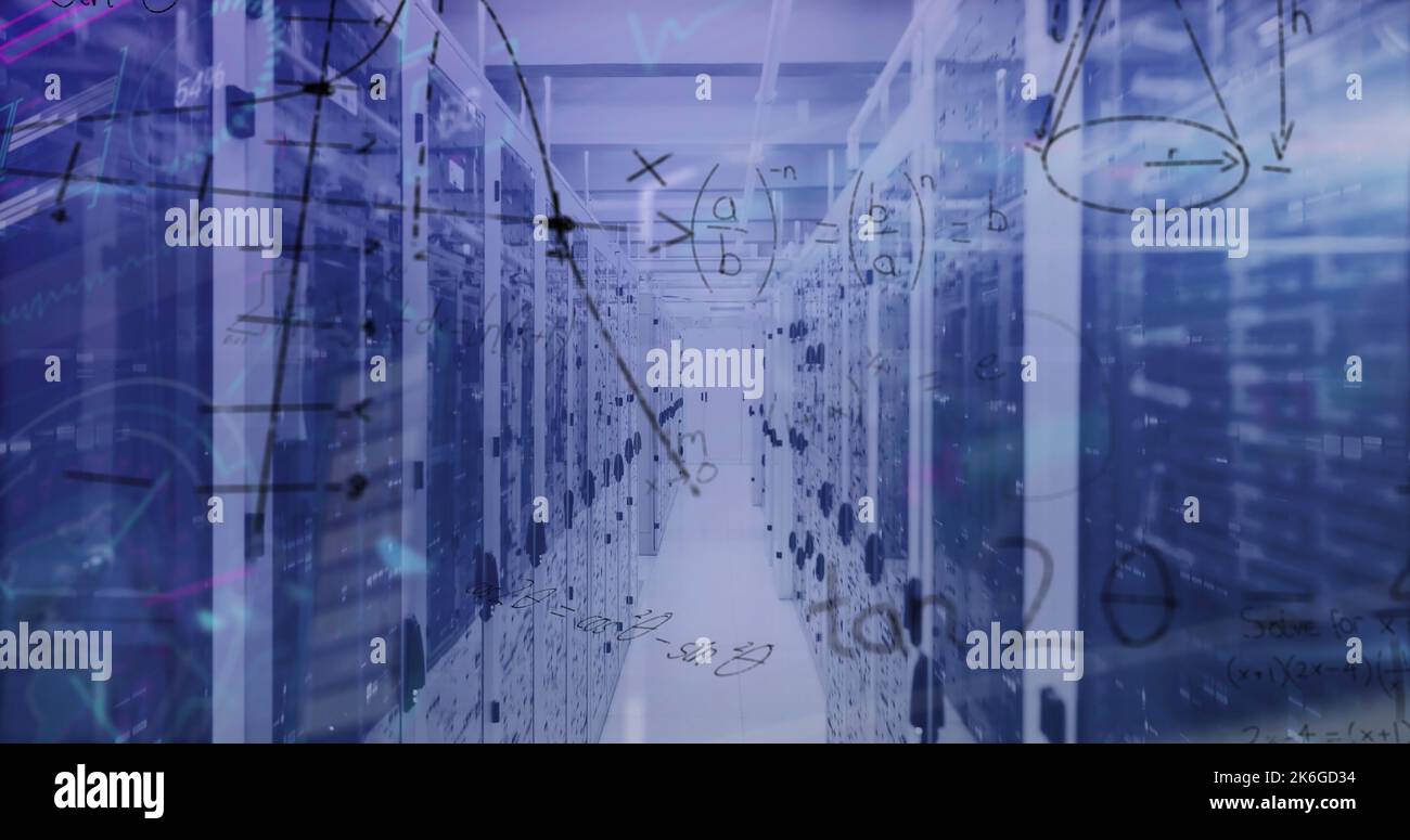 Image of mathematical equations and data processing against computer server room Stock Photo - Alamy