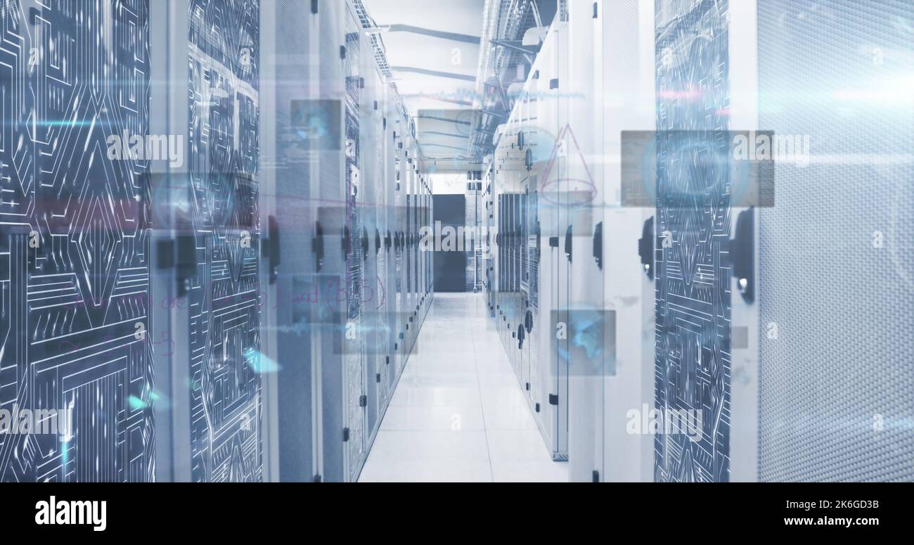 Image of mathematical equations and data processing against computer ...