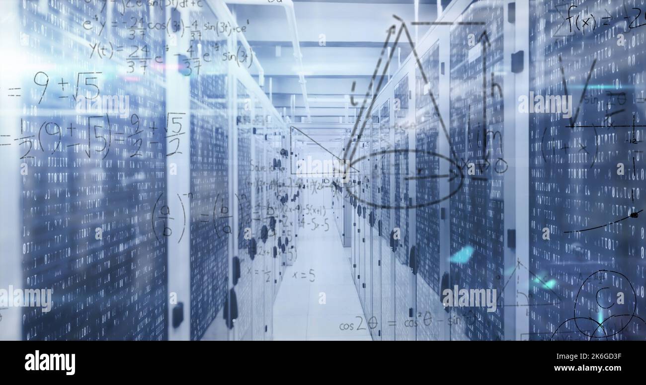 Image of mathematical equations and data processing against computer ...