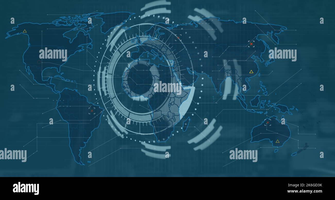 Image of digital interface and data processing over world map on blue ...