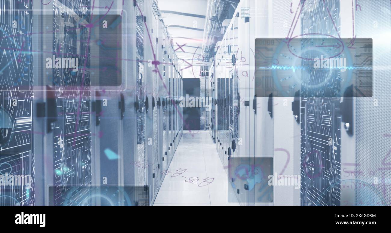 Image of mathematical equations and data processing against computer ...