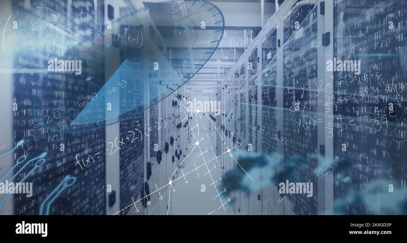Image of mathematical equations and data processing against computer ...