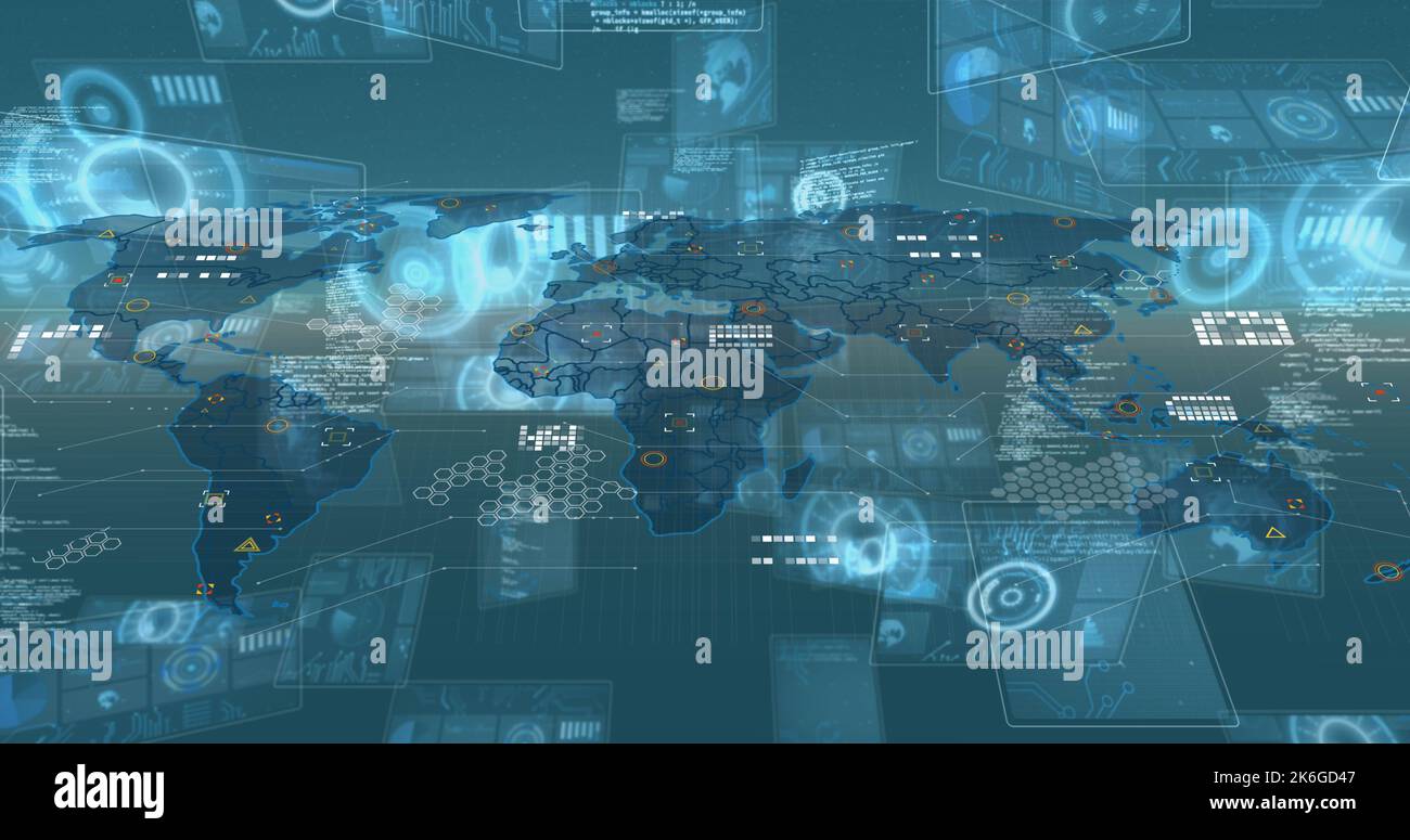 Image Of Digital Interface And Data Processing Over World Map On Blue