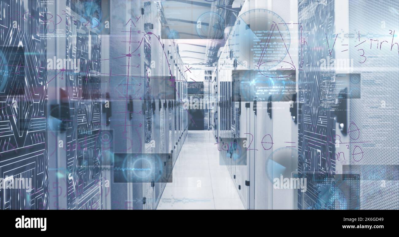 Image of mathematical equations and data processing against computer ...