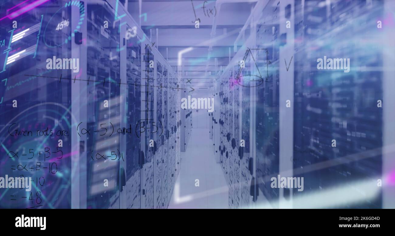 Image of mathematical equations and data processing against computer ...