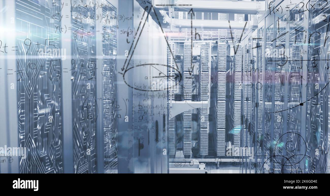 Image of mathematical equations and data processing against computer ...