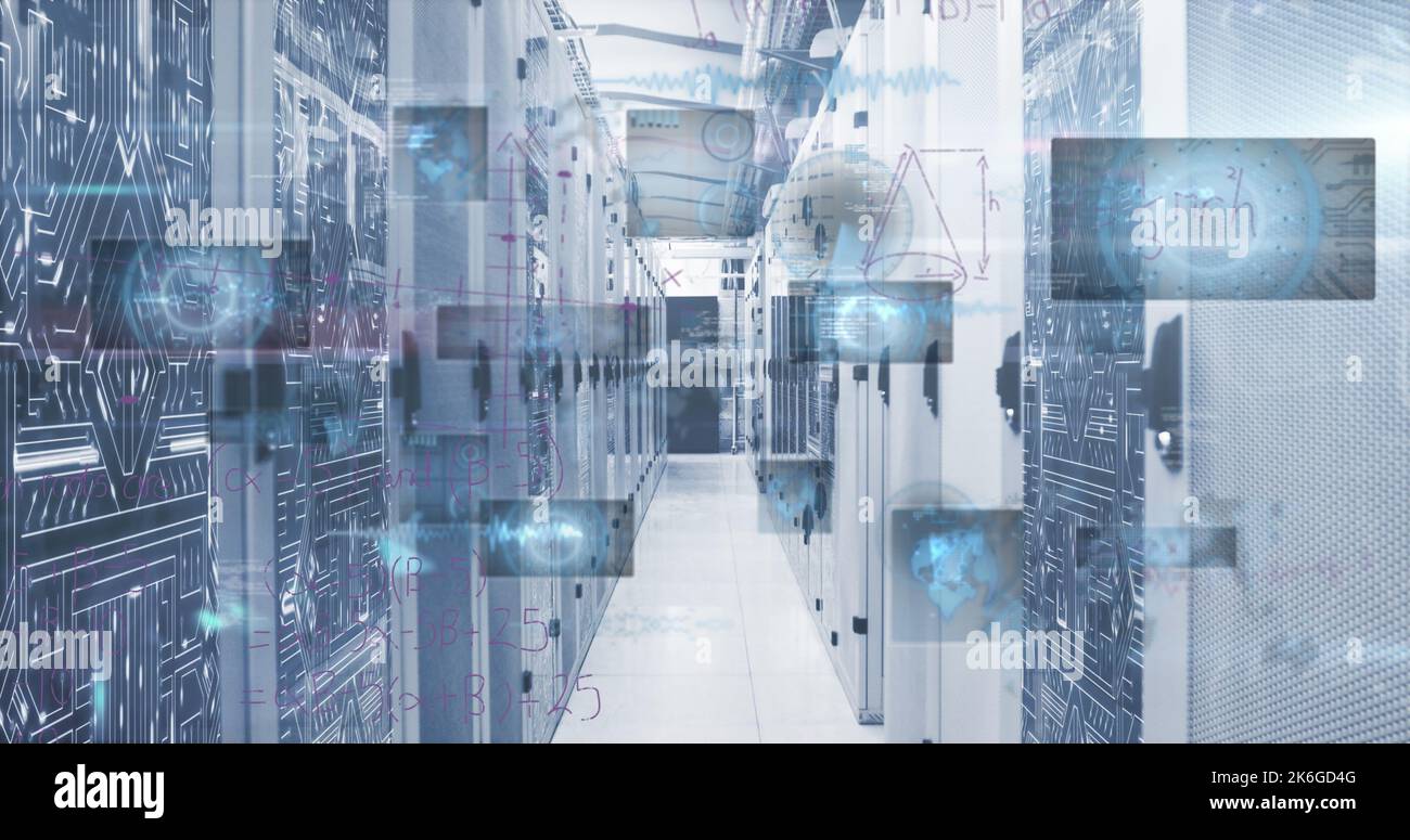 Image of mathematical equations and data processing against computer ...