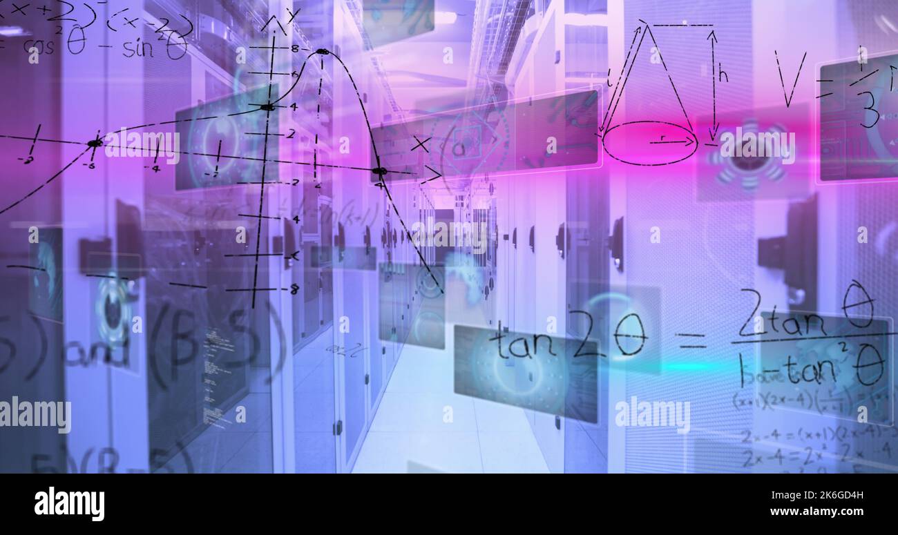 Image of mathematical equations and data processing against computer ...