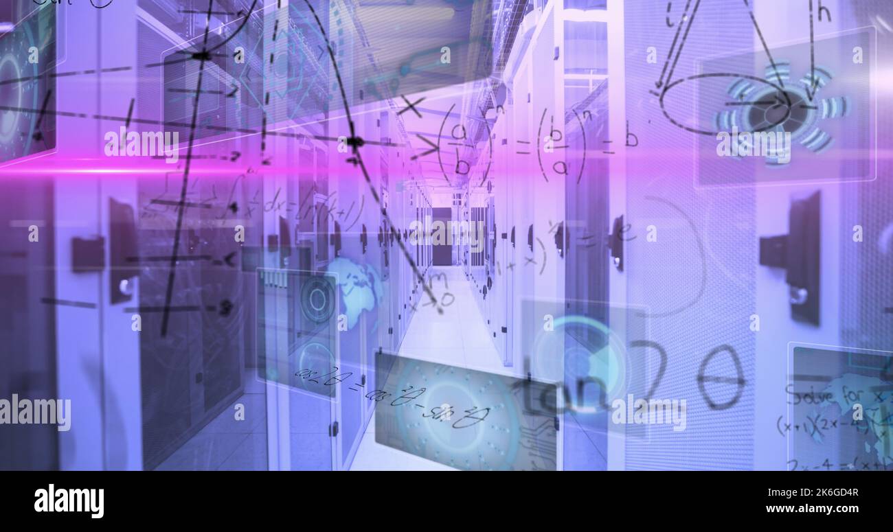 Image of mathematical equations and data processing against computer ...