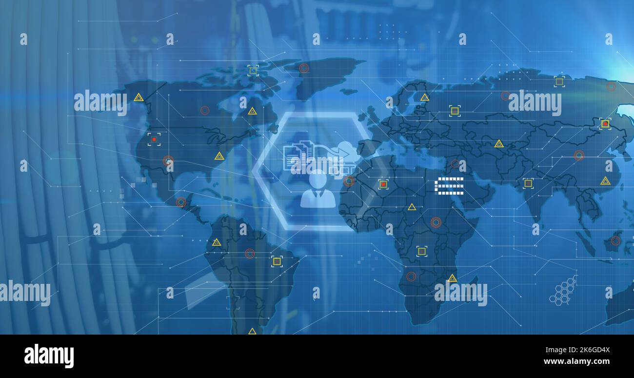 Image Of Digital Interface And Data Processing Over World Map On Blue