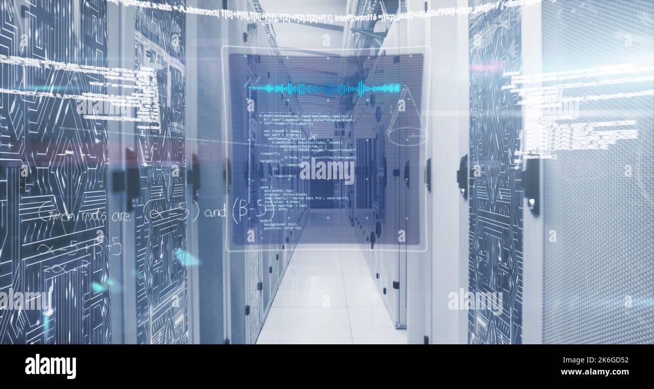 Image of mathematical equations and data processing over 6g text against server room Stock Photo ...