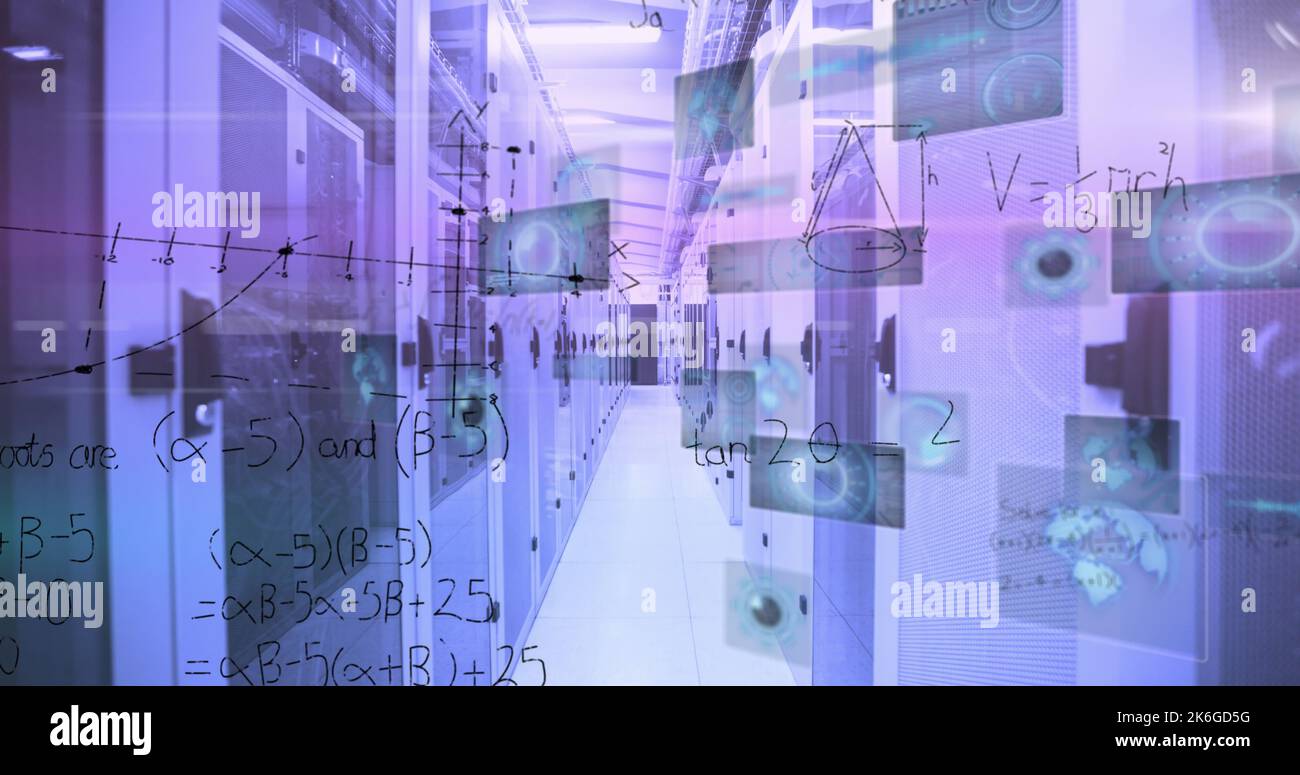 Image of mathematical equations and data processing against computer ...