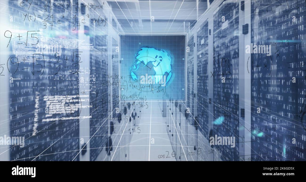 Image of mathematical equations and data processing against computer ...