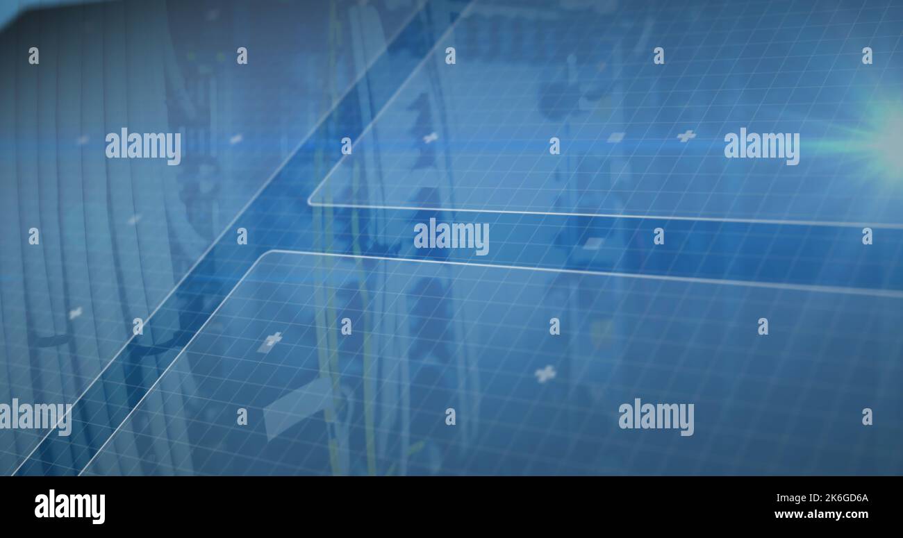 Image of digital interface and data processing over blue background ...