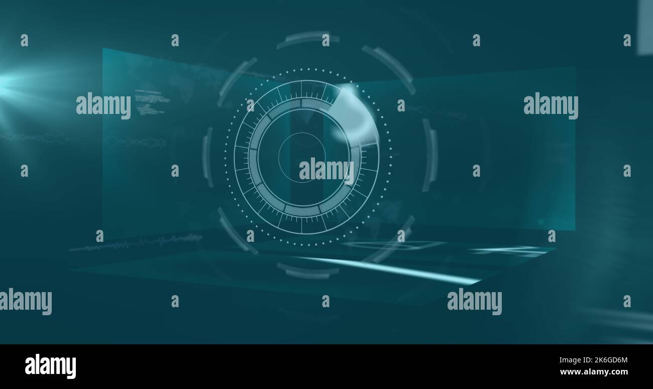 Image of digital interface and data processing over blue background ...