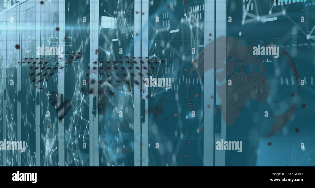 Image of data processing with spinning globe and world map over ...