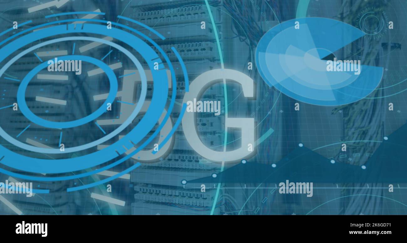 Image of scope scanning with 5g text and data processing over server room Stock Photo - Alamy