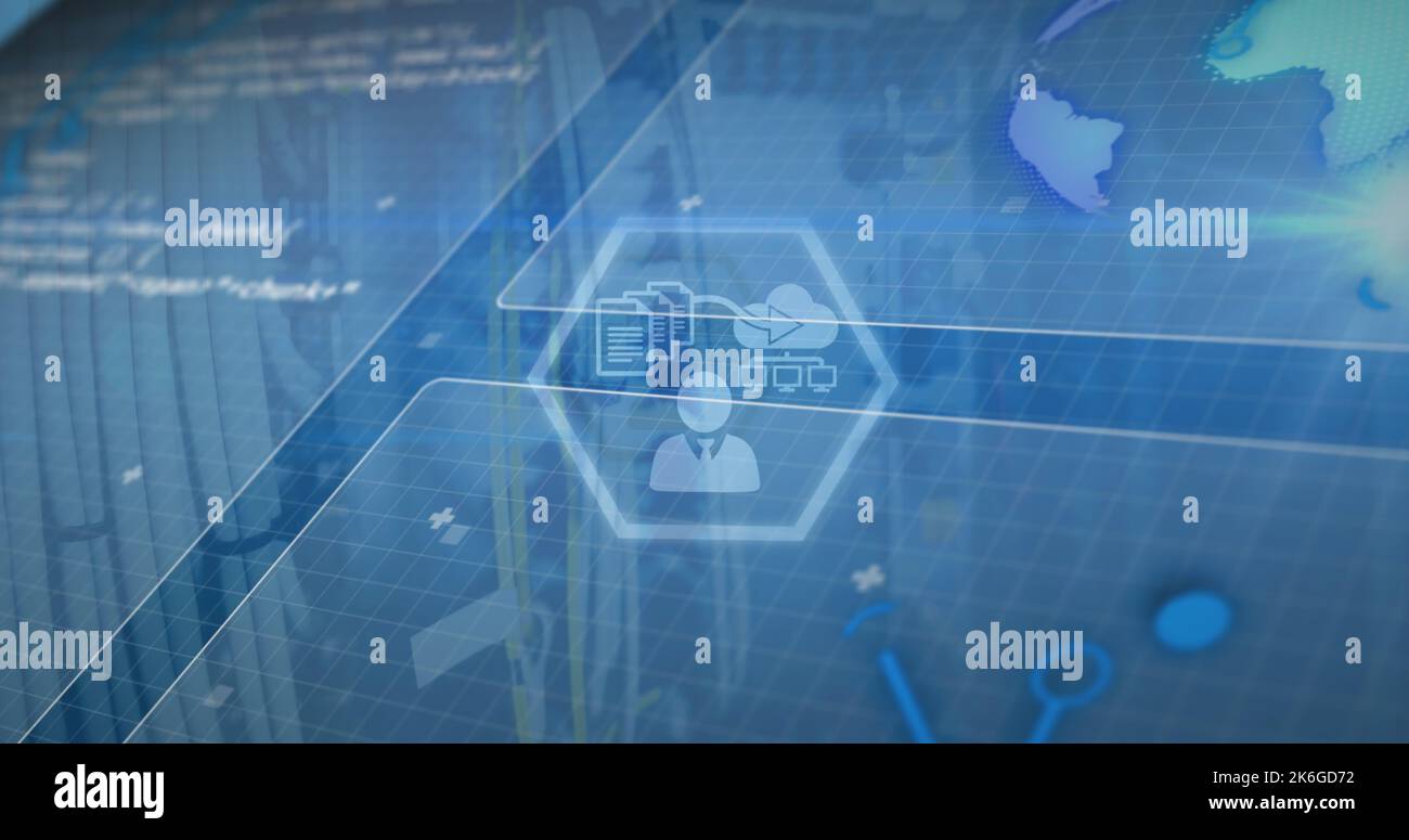 Image of digital interface and data processing over blue background ...
