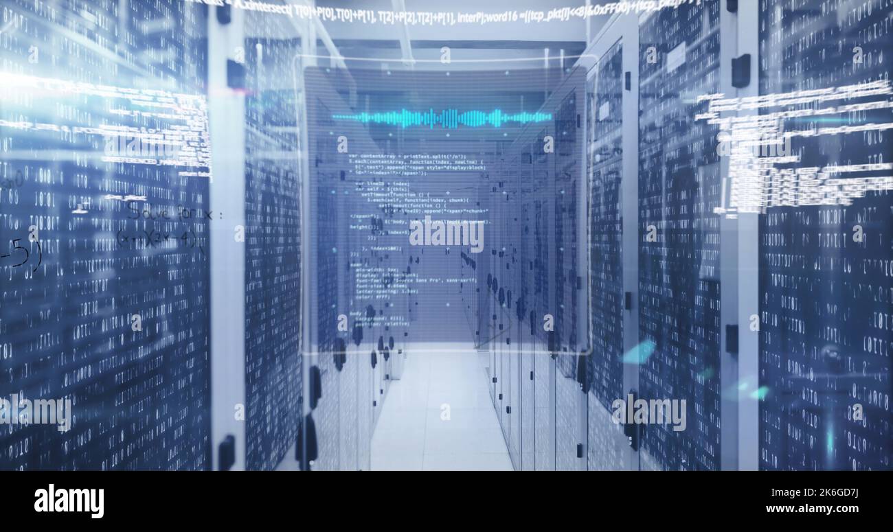 Image of mathematical equations and data processing against computer ...