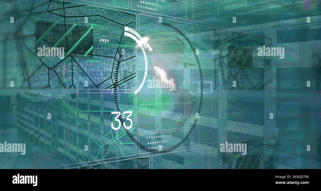 Image of digital interface and data processing on blue background Stock ...