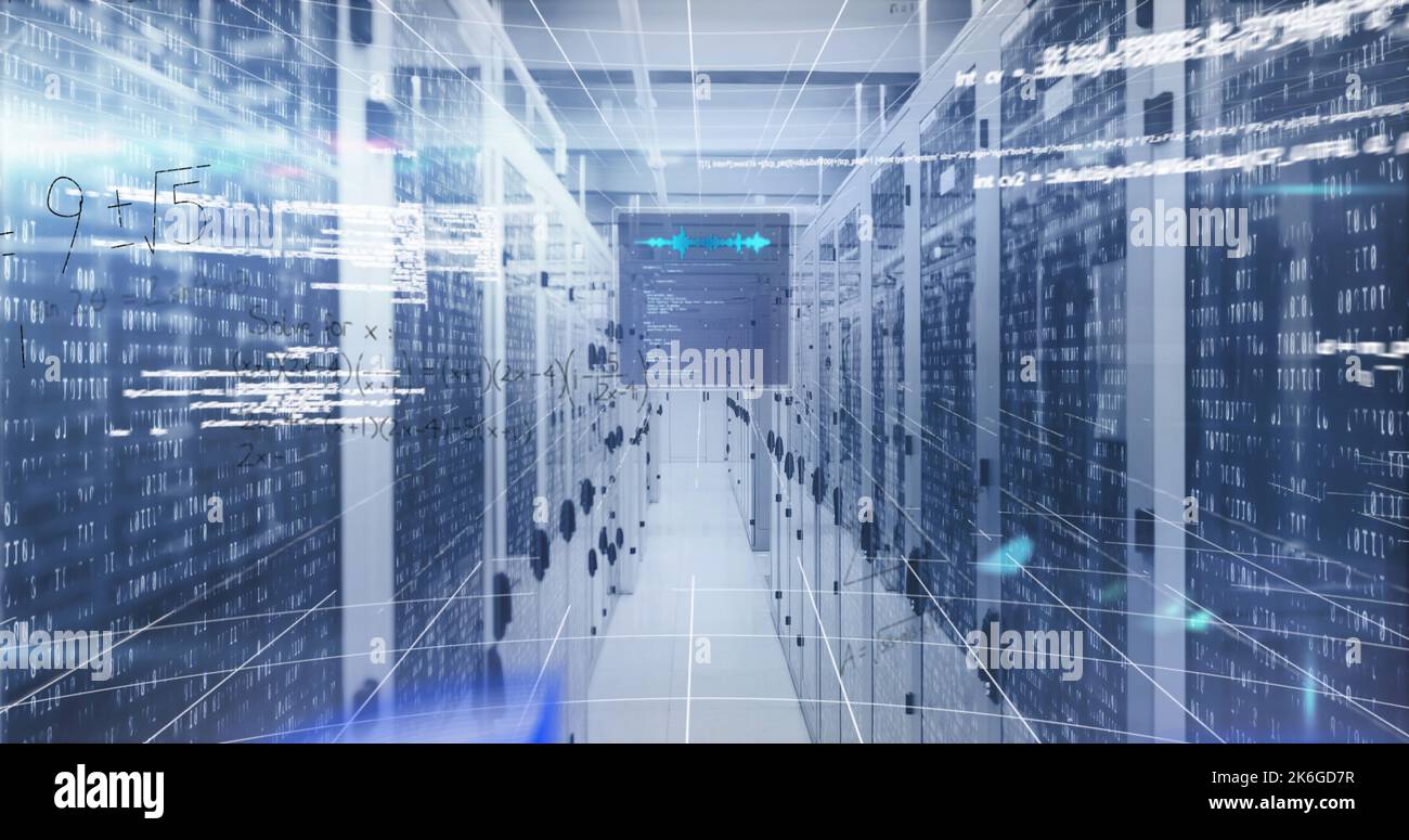 Image of mathematical equations and data processing against computer ...