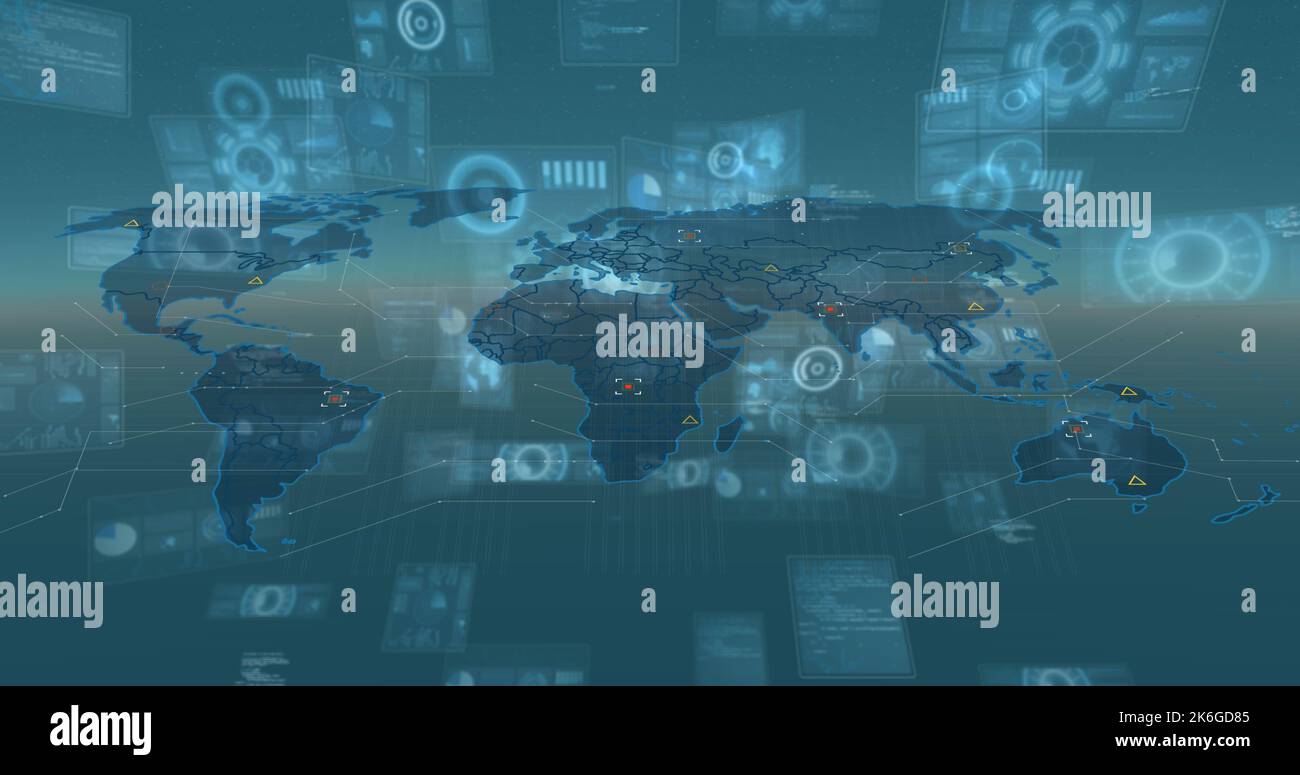 Image of digital interface and data processing over world map on blue ...