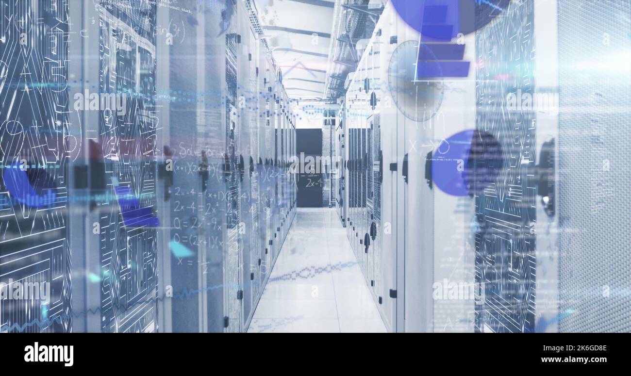 Image of mathematical equations and data processing against computer ...