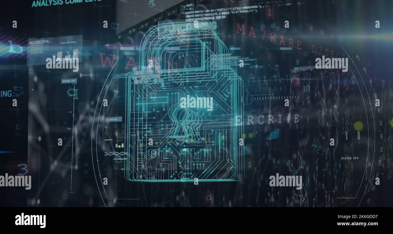 Composite of programming language and padlock over network server room ...