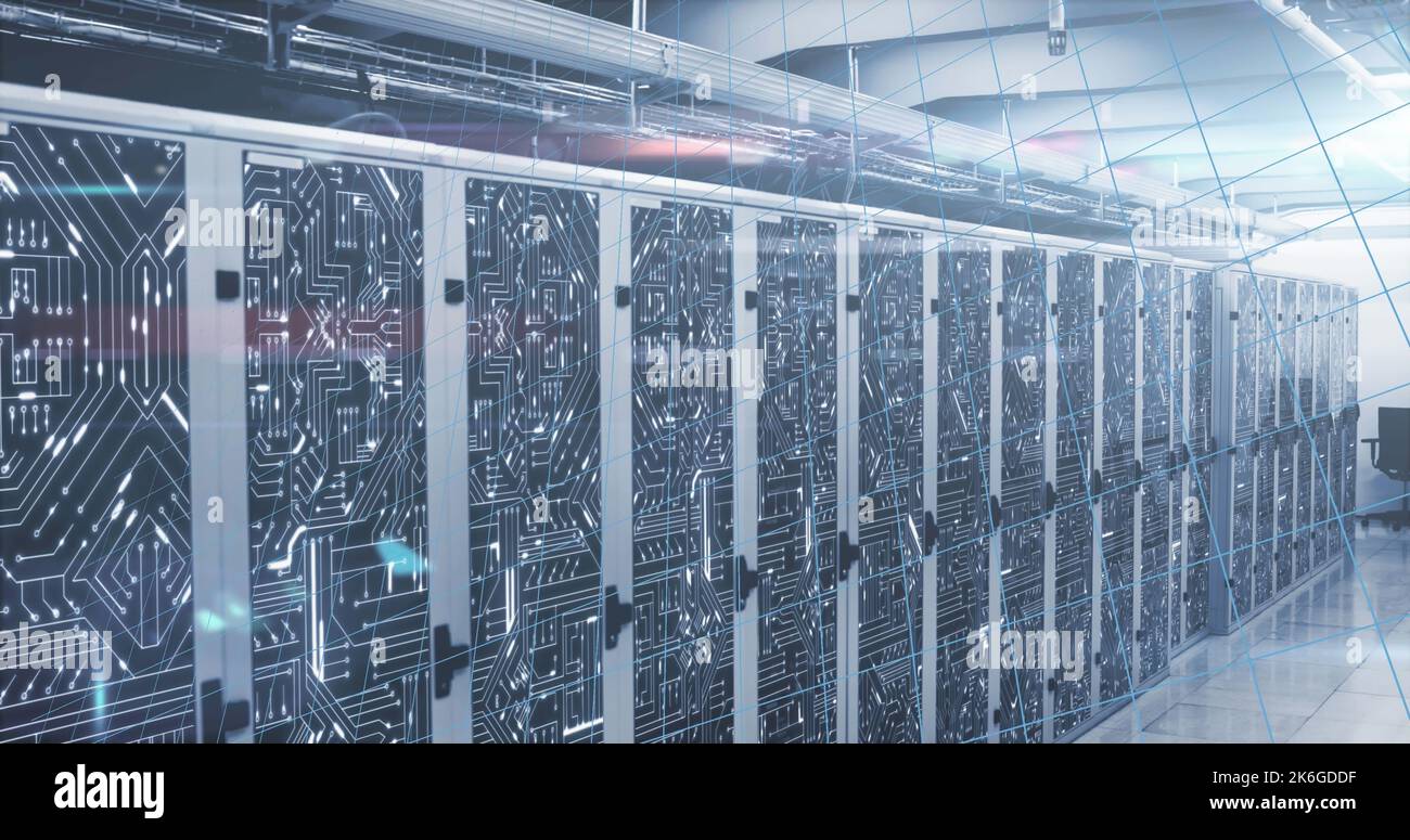 Composition of computer circuit board over server room Stock Photo - Alamy