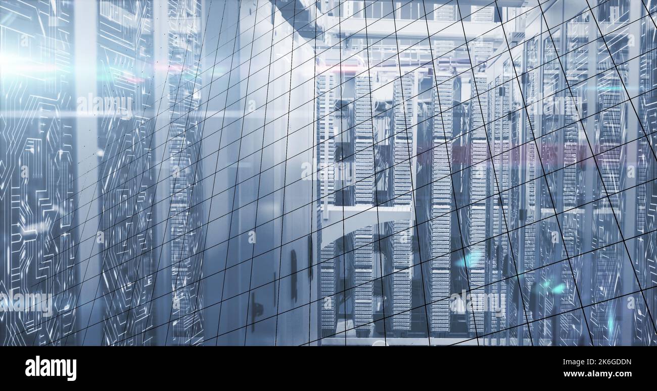 Composition of computer circuit board over server room Stock Photo - Alamy