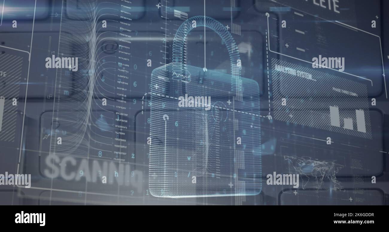 Composite of padlock with bar graph, maps and multiple text over ... Composite of padlock with bar graph, maps and multiple text over ...