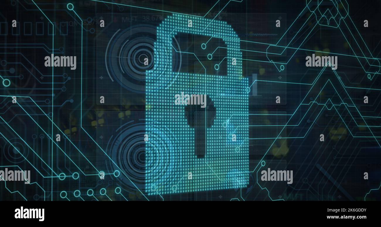 Composite Of Dots Forming Padlock Circle And Circuit Board Pattern