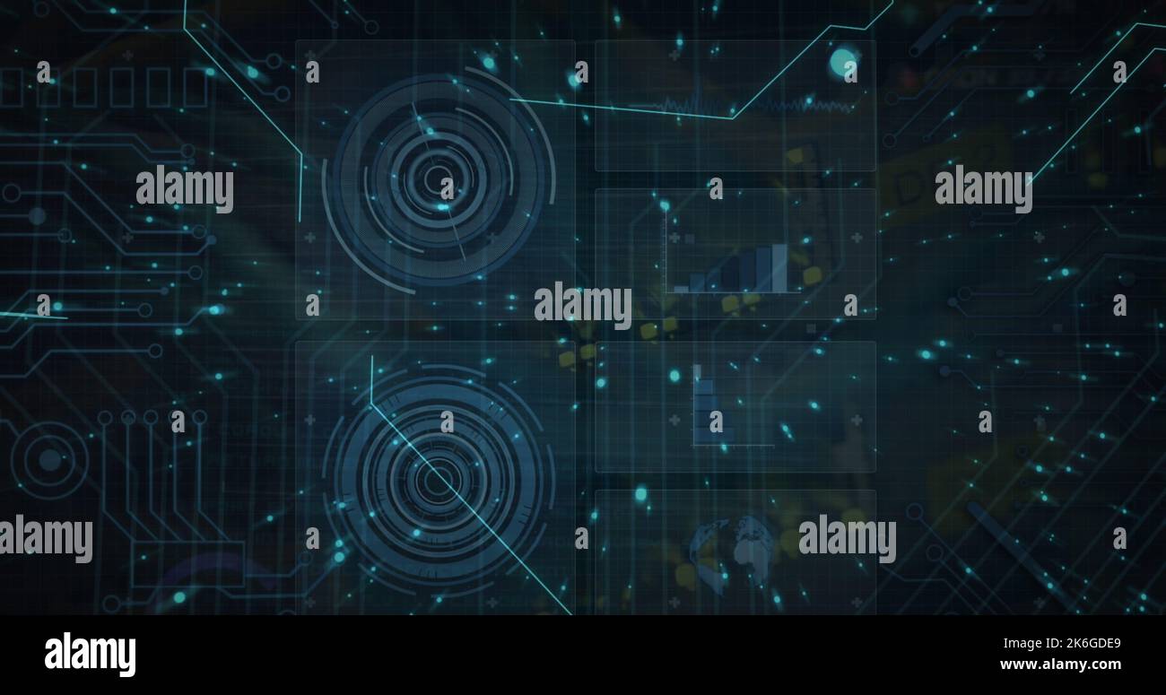Illustration of dots, radars and circuit board pattern over black background, copy space Stock ...