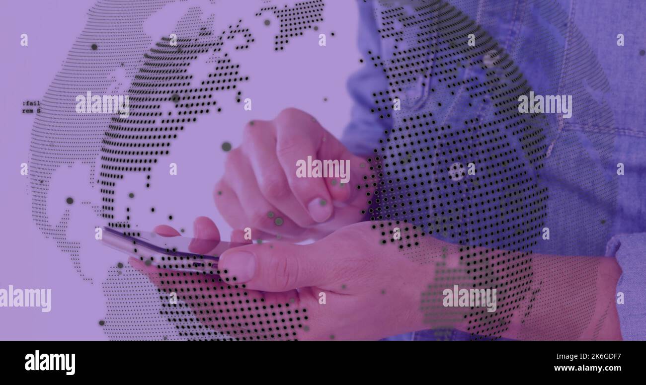 Composition of hands using smartphone over globe Stock Photo - Alamy