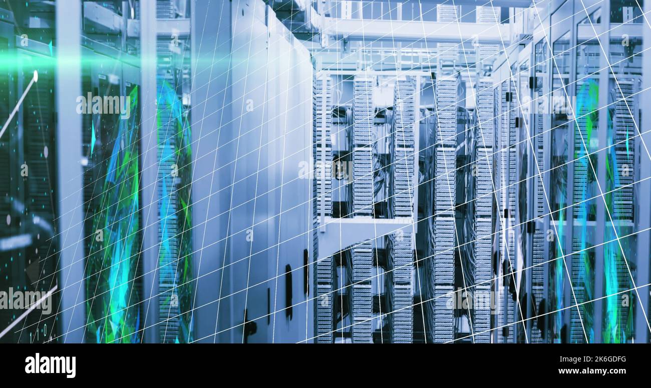 Composition of data processing over server room Stock Photo - Alamy