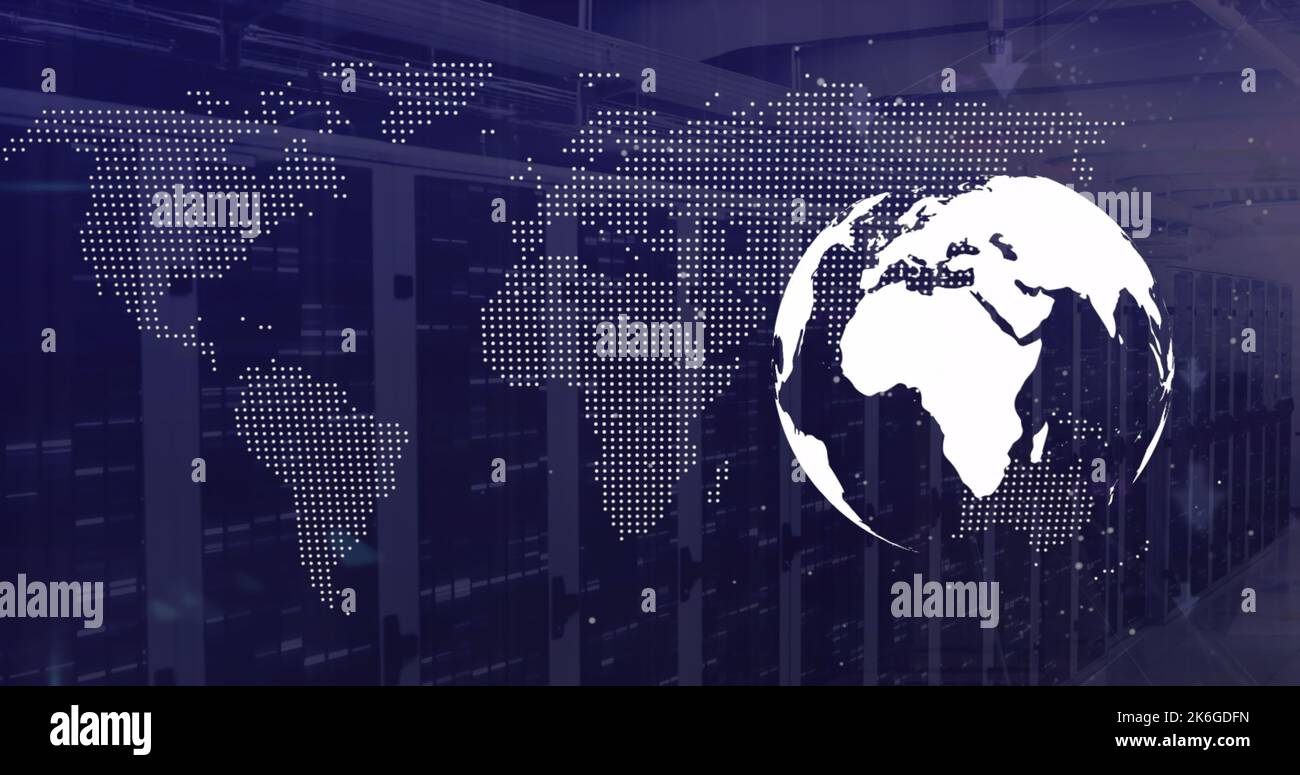 Composition of world map and globe over server room Stock Photo - Alamy