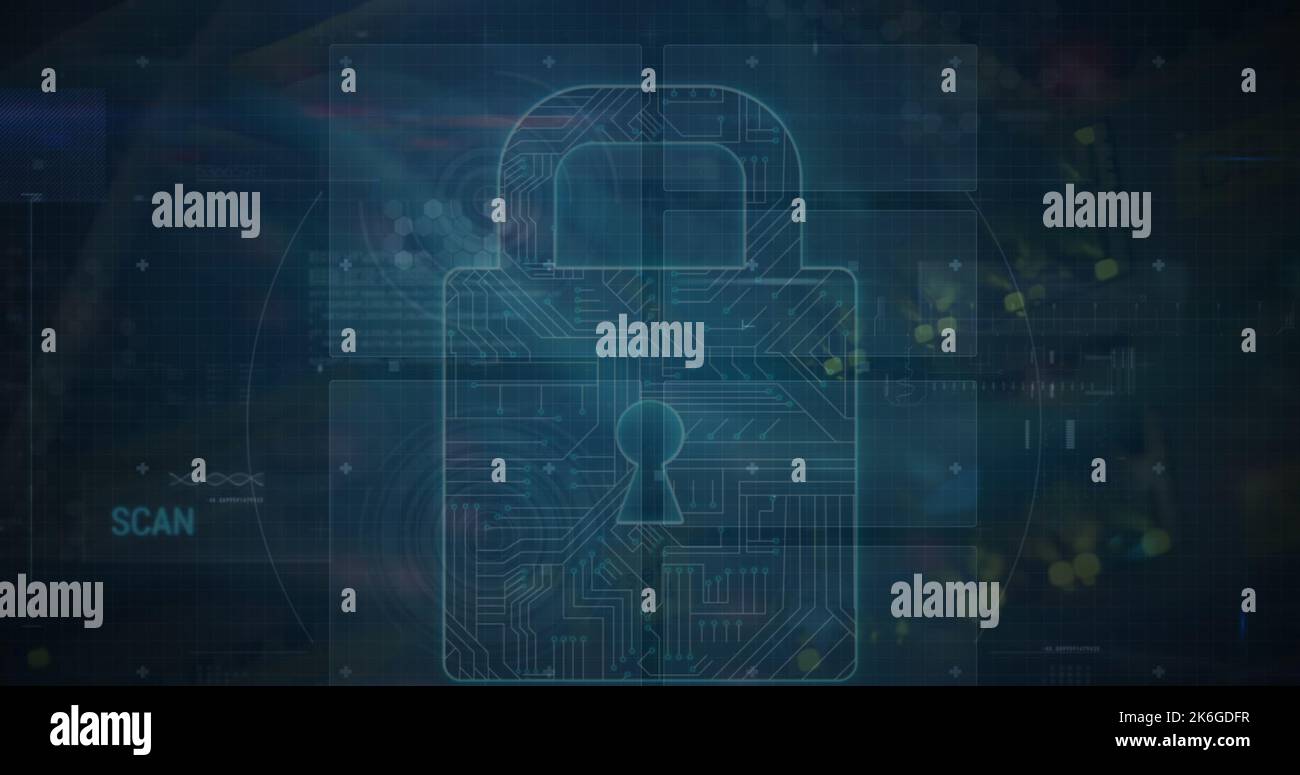 Illustration Of Padlock With Circuit Board Pattern Over Programming Language And Geometric 