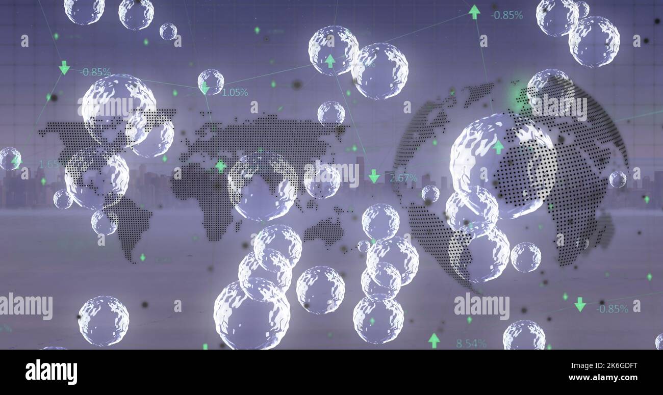 Composition of bubbles and world map with globe over cityscape Stock ...