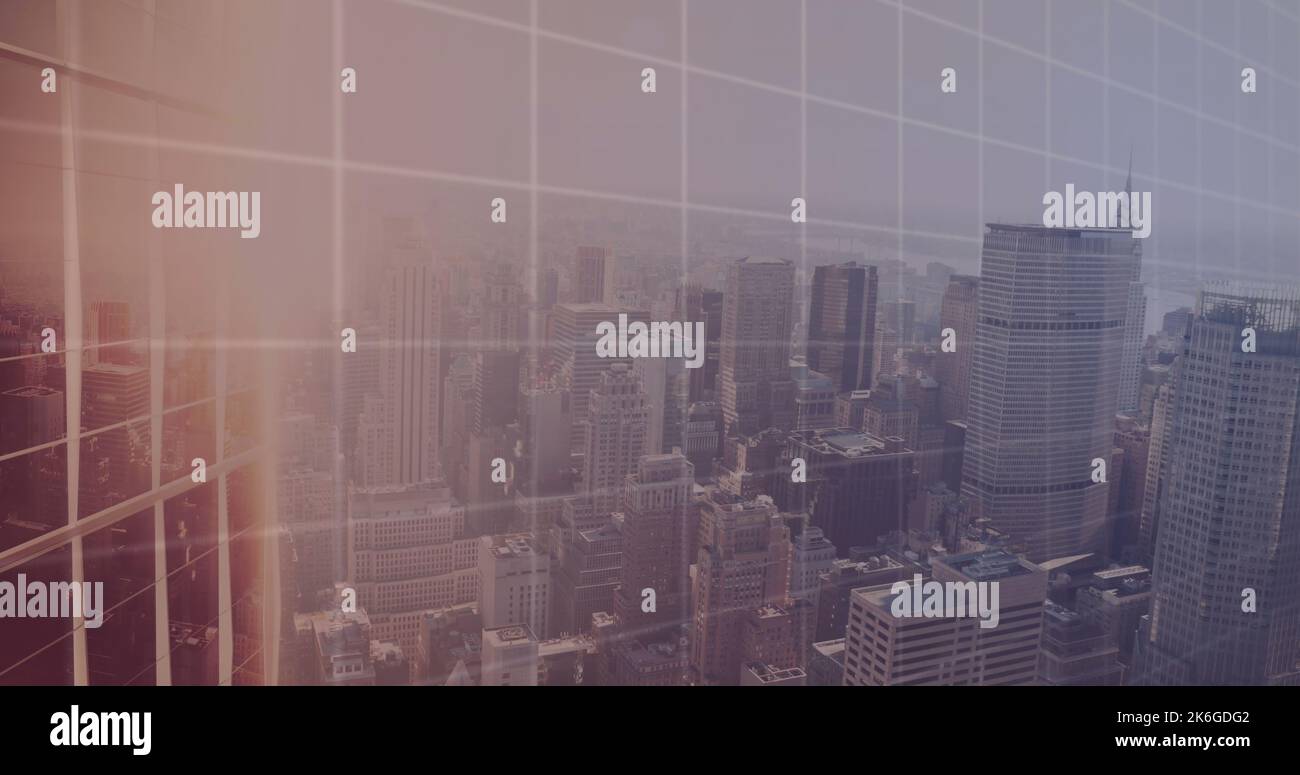 Composition of white lines over cityscape Stock Photo - Alamy