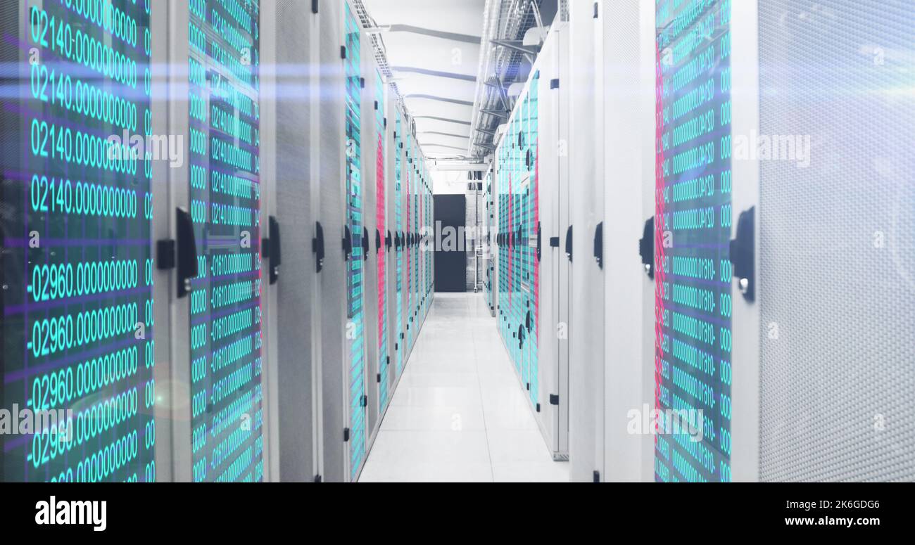 Composition of data processing over server room Stock Photo - Alamy