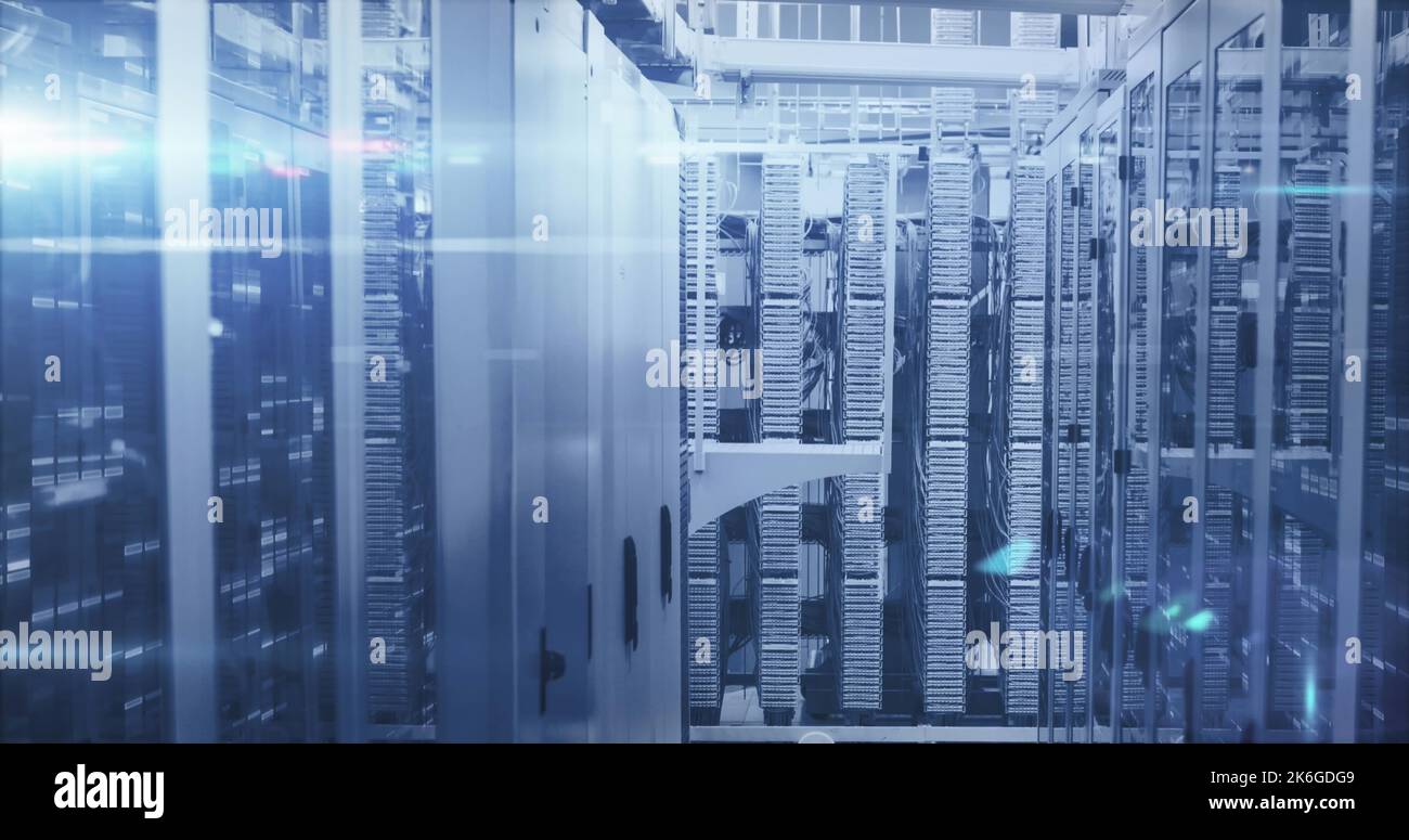 Composition of data processing over server room Stock Photo - Alamy