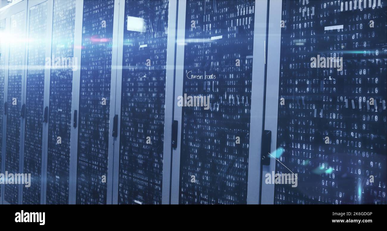 Composition of data processing over server room Stock Photo - Alamy