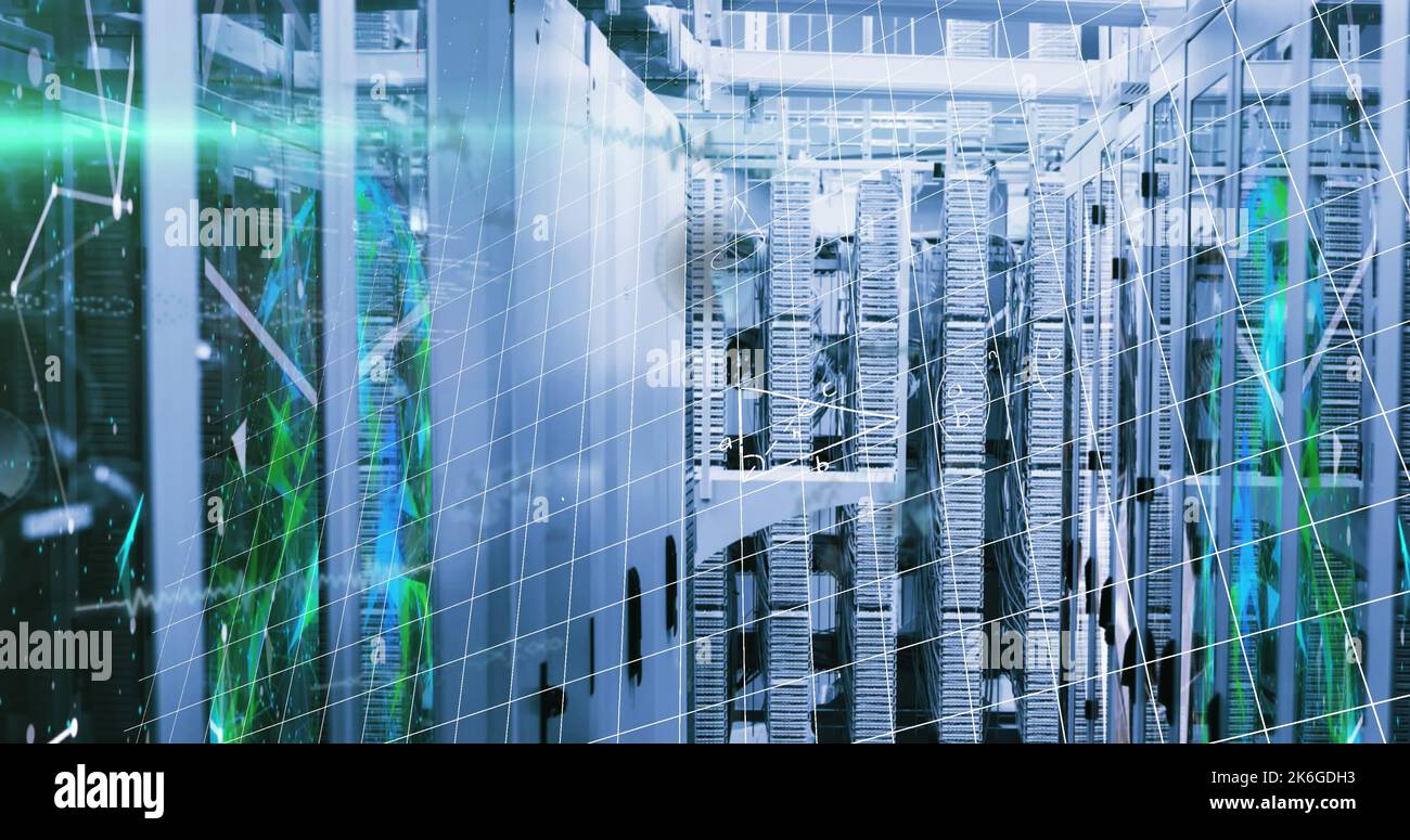 Composition of data processing over server room Stock Photo - Alamy