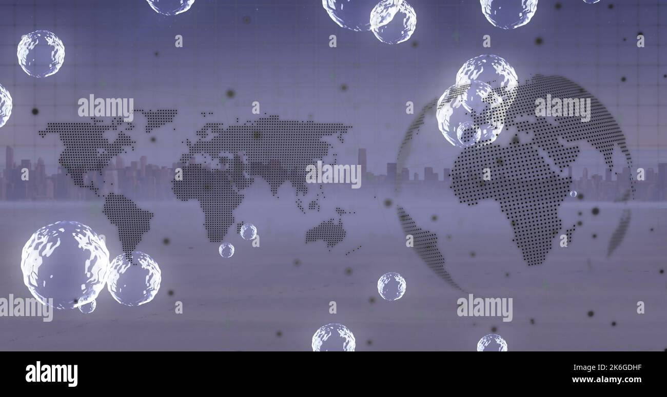 Composition of bubbles and world map with globe over cityscape Stock ...