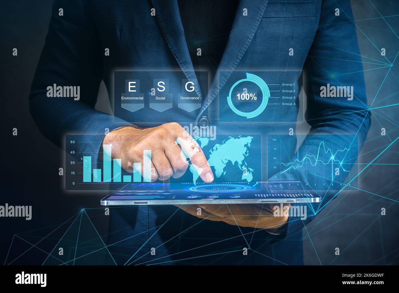 Businessman working at modern office. modern virtual interface. Digital ...