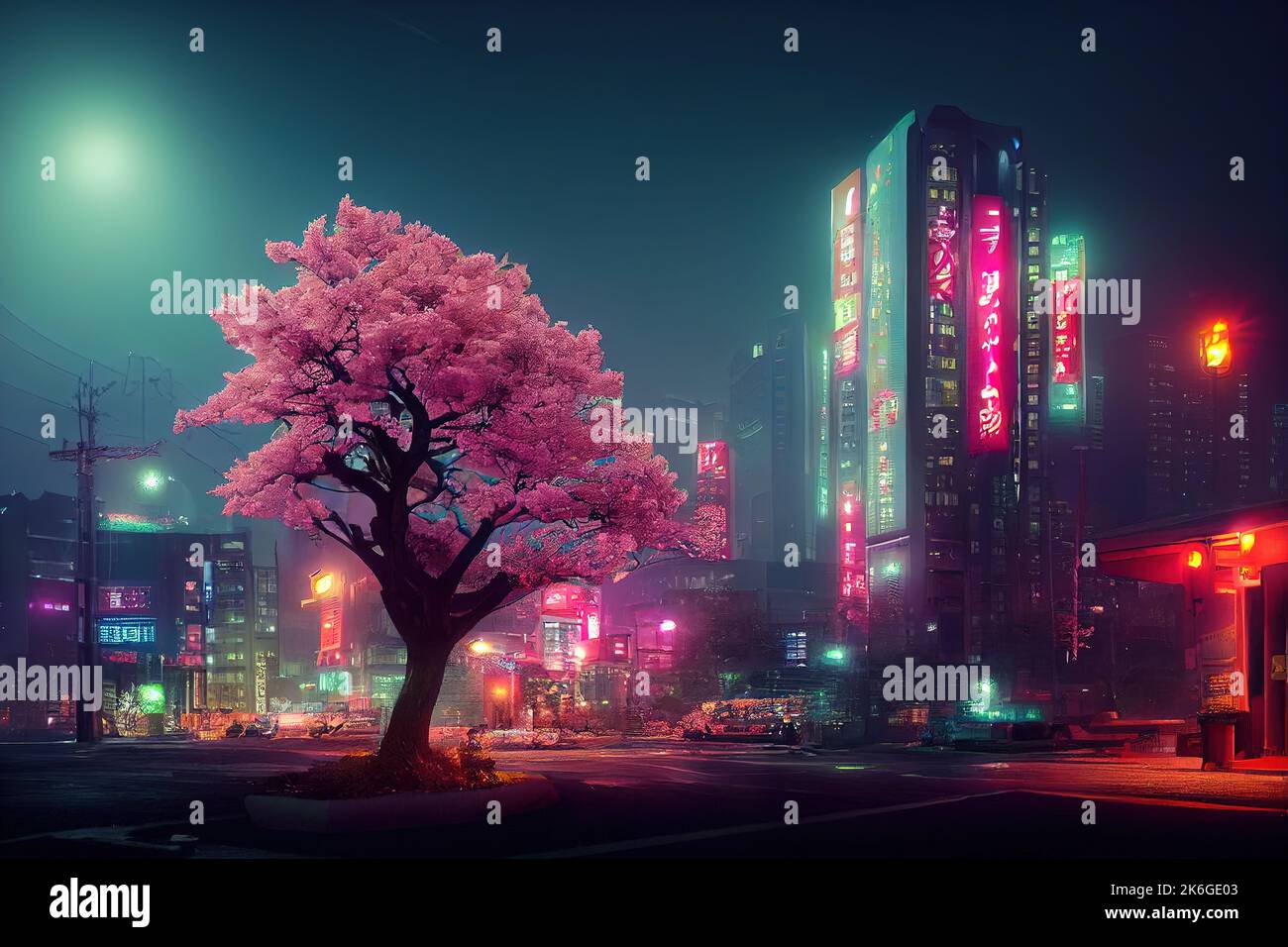 Fantasy Japanese night view city citycape, neon light, residential ...