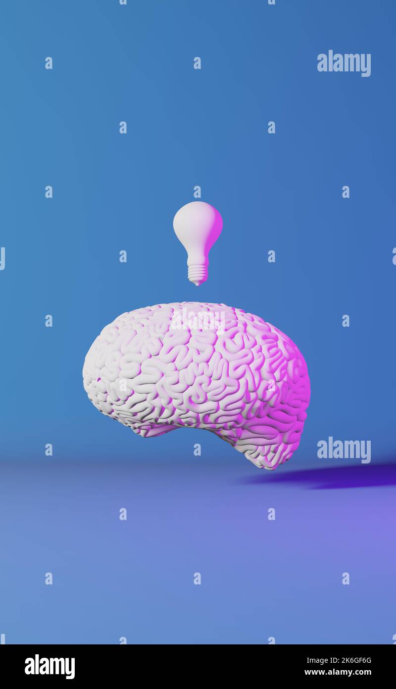 Human brain pastel light bulb neon background 3d rendering. Creative ...