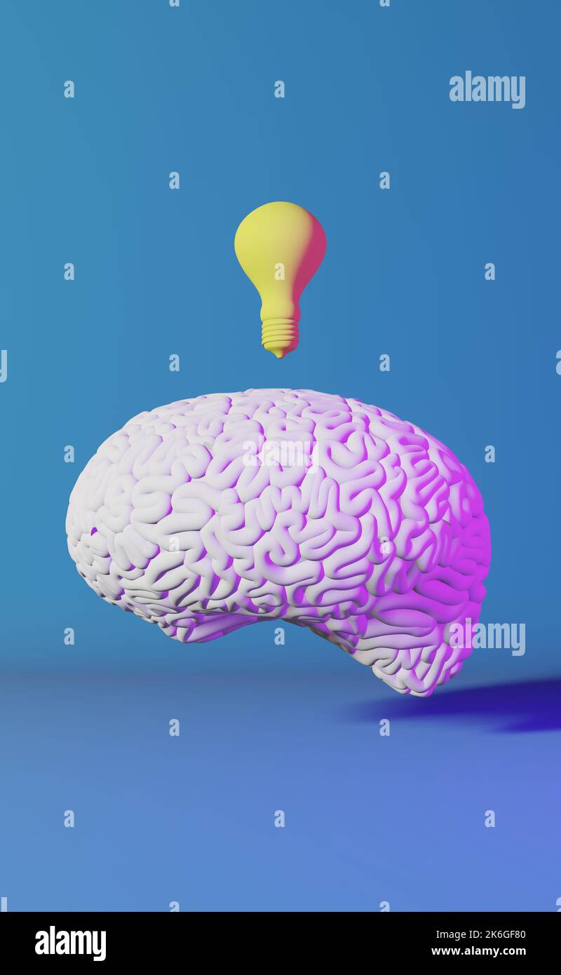 Human brain yellow light bulb neon background 3d rendering. Creative ...